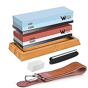 Wucgea Knife Sharpening Stone Kit - 400/1000 3000/8000 Grit Japanese Whetstone Sharpener set with Non-slip Rubber Base Angle Guide Flattening stone and Leather Strop…