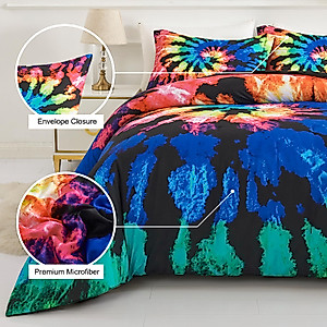 Koniroom Tie Dye Comforter Set Queen Size, Kids Comforter Sets for Teen Boys Girls Women with Hippie Psychedelic Black Blue Purple Themed Printing, Reversible Comforter 3 Pieces with 2 Pillow Shams