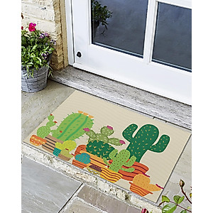 Front Door Mat, Non - Slip Absorbent Door Entry Mats, Doormats Indoor/Outdoor Entrance Small Rugs, Cactus Aloe Vera Green Potted Cartoon Image Doormat - Easy to Clean Floor Mats for Home 24x36 Inch