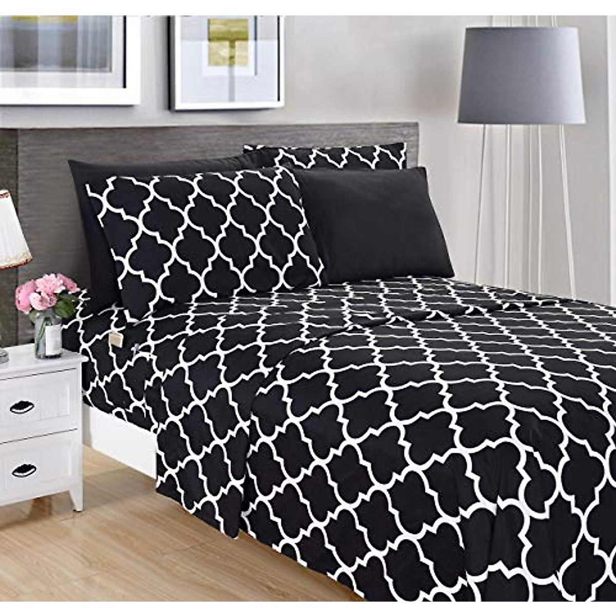 Elegant Comfort 6-Piece Quatrefoil Printed Deep Pocket Bed Sheet Set, Luxurious Silky 1500 Thread Count Bed Sheet Set Ultra Soft Wrinkle Resistant Bedding Set, Queen, Black