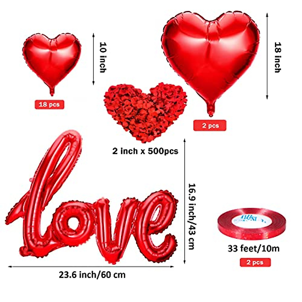 Valentines Day Party Decorations Set - 36 Inch Love Foil Balloon, 2pcs 18inch Foil Heart Balloon, 18pcs 10inch Heart Balloons and 1000 Pcs Rose Petals for Valentines Anniversary Bedroom Decorations