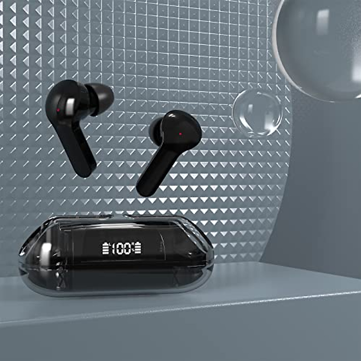 pstuiky Wireless Earphone Bluetooth 5.3 Headphones Transparent Digital Display Headphones Mini in-Ear Wireless Sports Music Earbuds with Microphone Noise Cancelling Headset (Black)