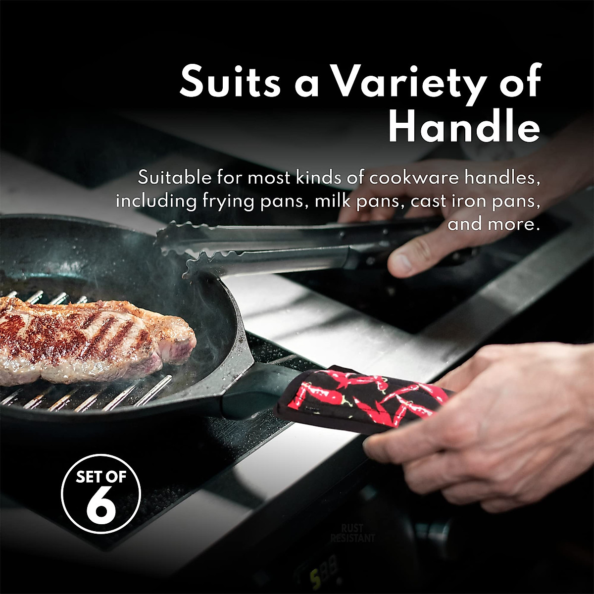 New Star Foodservice 1028744 Commercial-Grade Hot Skillet Handle Cover Holder, Hot Handle Holders/Mitts, Red Peppers Pan Cotton Handle Sleeve, Set of 6