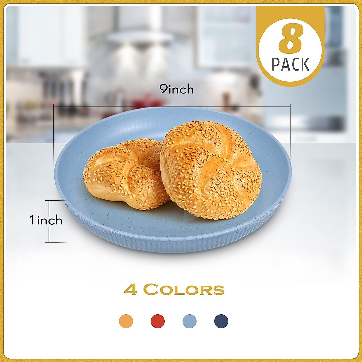 POVTOKA Reusable Wheat Straw Plates Set of 8, 9 Inch Unbreakable Dinner Plates, Dishwasher & Microwave Safe, Lightweight Plastic Tableware for Kids & Adult