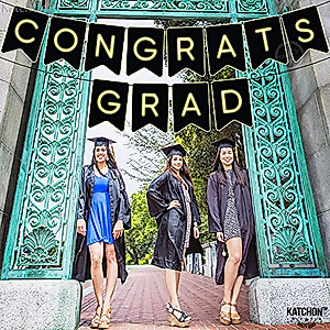 Black, Gold and Silver Star Hanging Swirls - Pack of 30, No DIY | Neon Glow, Congrats Grad Banner - NO DIY, 10 Feet Congrats Banner | Neon Effect Congratulations Banner | Black and Gold Grad Party