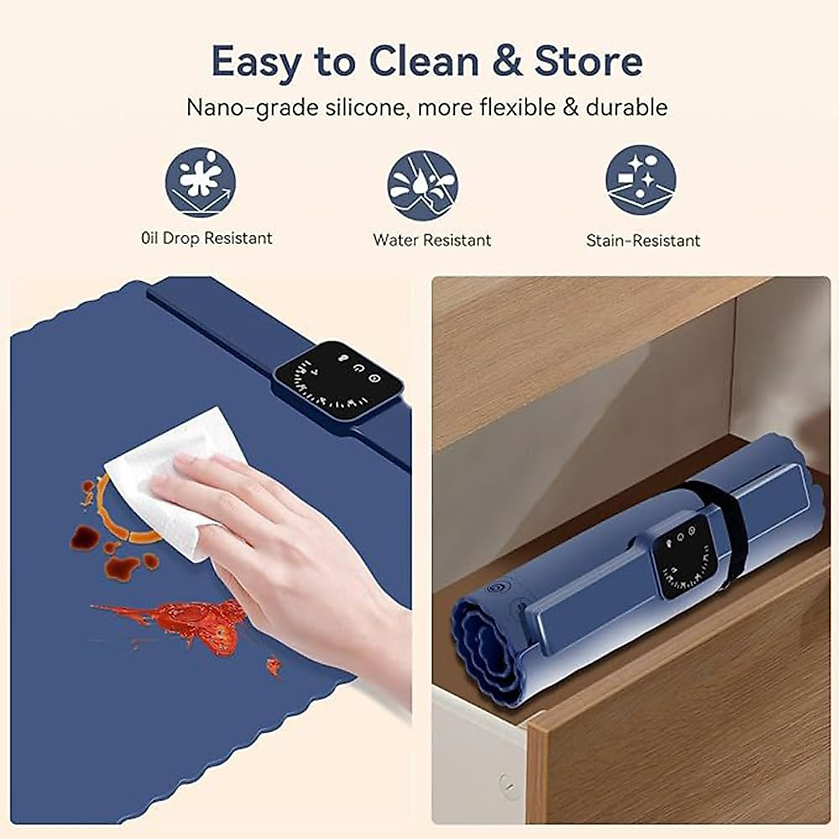 Food Warming Mat, 5 Level Adjustable Temperature, Silicone Heating Mat for Food, Auto-Off Timer, Flat 26 x 15 inch (Blue)