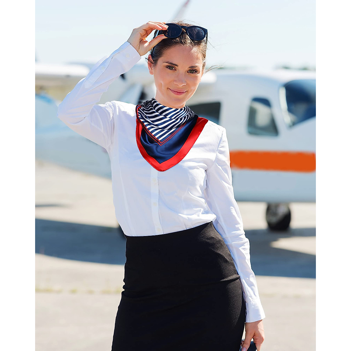 SATINIOR 4 Pcs Sailor Scarf Satin Flight Attendant Scarf 23.6 Inches Square Neck Scarf for Women Silk Feeling Hair Wraps