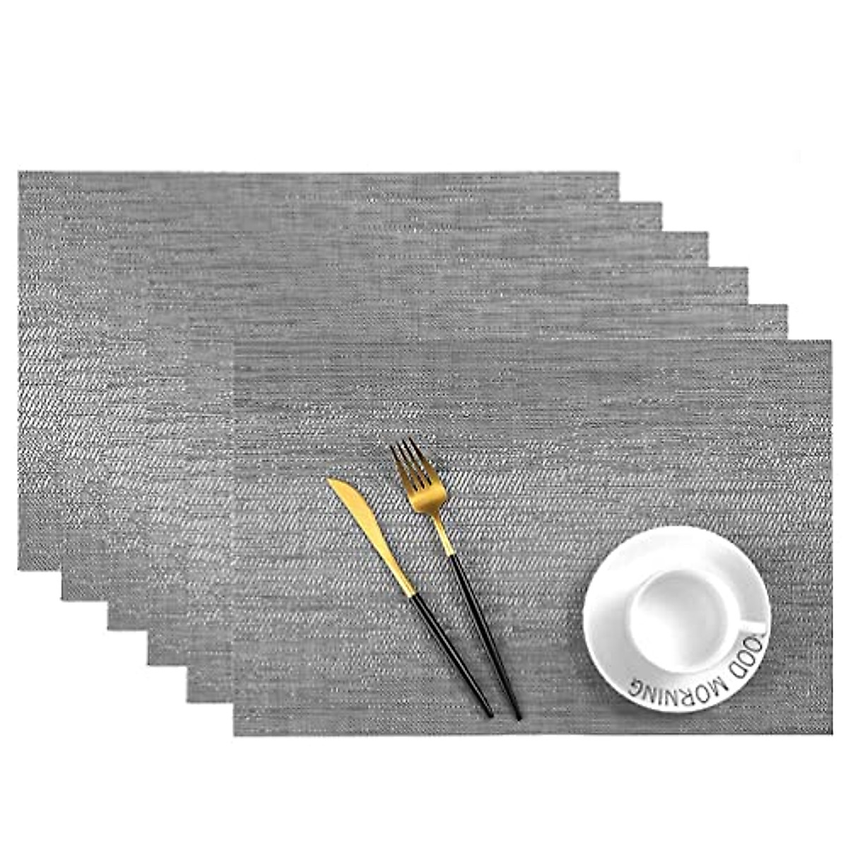 Leetaltree Grey Placemats, Heat Resistant Non-Slip Place mats for Dining Table, Washable Durable PVC Vinyl Woven Table Mats (Set of 6)