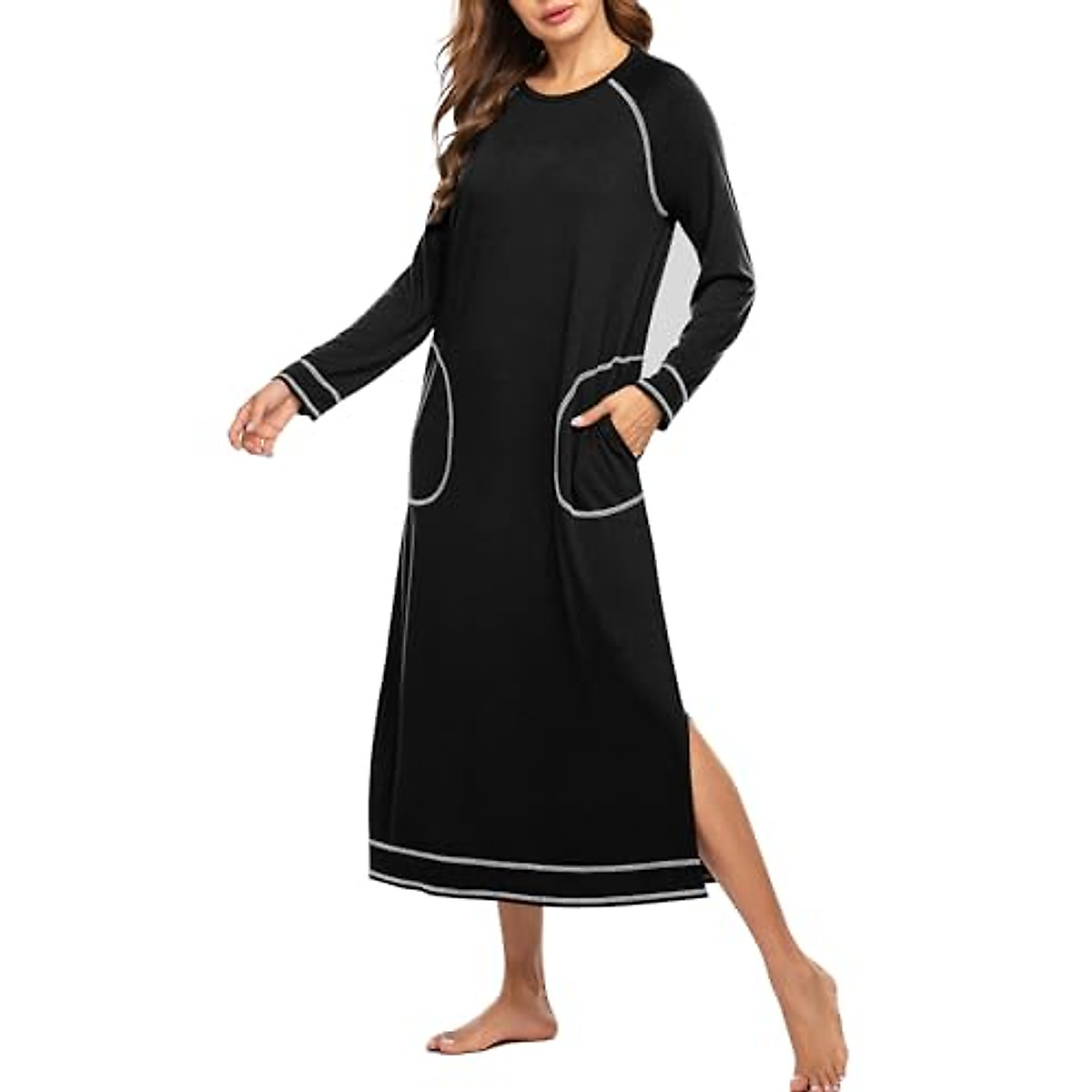 Ekouaer Nightgown Women's Long Sleeve Pajama Dress Round Neck Sleepwear Long Nightshirt A-black