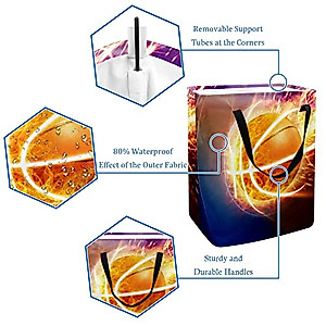 Burning Basketball Glowing Lights Print Collapsible Laundry Hamper, 60L Waterproof Laundry Baskets Washing Bin Clothes Toys Storage for Dorm Bathroom Bedroom