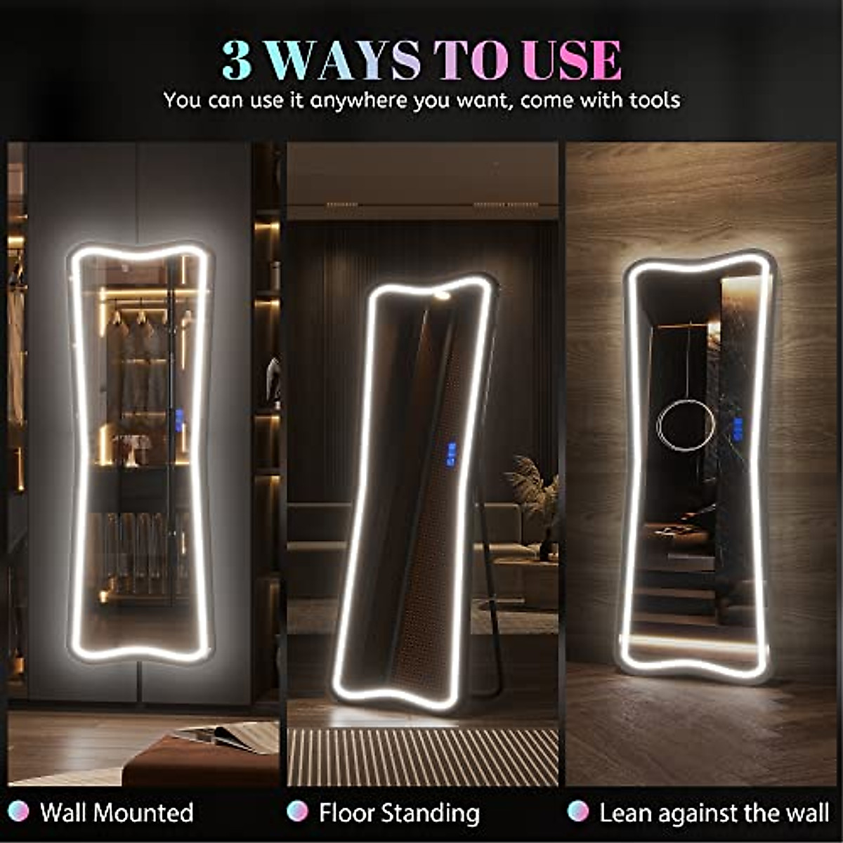 DNBSS 63"x20" RGB LED Full Length Floor Mirror With Lights, Free Standing & Wall Mount, Full Body Lighted Stand Up Mirror for Bedroom (Black RGB)