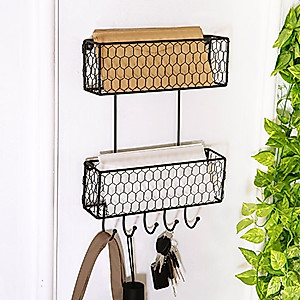 MyGift Wall Mounted Black Chicken Wire Metal Key and Mail Holder Organizer with 4 Hooks, Entryway Hanging Storage Baskets