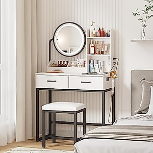 Makeup Vanity with Round Mirror and Lights, White Vanity Makeup Table with Charging Station, Small Vanity Table for Bedroom, 3 Lighting Modes, 31.5in(L)