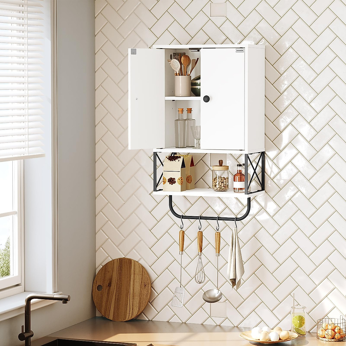 MAHANCRIS Bathroom Wall Cabinet with 2 Door and Adjustable Shelves, Farmhouse Medicine Cabinet with Towel Rack, 3-Tier Wall Mounted Storage Cabinet Over The Toilet for Bathroom Laundry Room, White