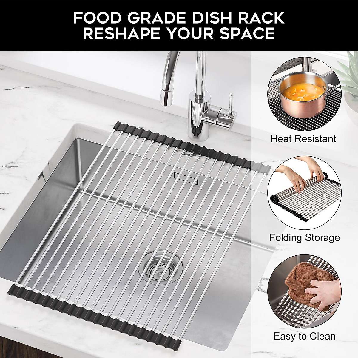 Roll Up Dish Drying Rack, Over The Sink Dish Drying Rack Kitchen Rolling Dish Drainer, Foldable Sink Rack Mat Stainless Steel Wire Dish Drying Rack for Kitchen Sink Counter (17.8"x11.8")