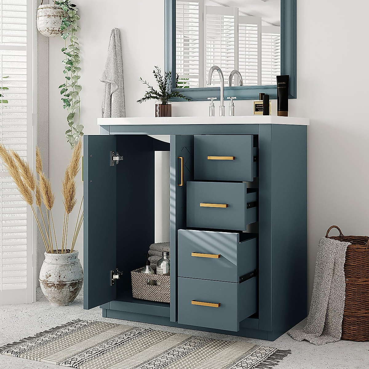 30'' Bathroom Vanity with Top Sink, Modern Bathroom Storage Cabinet with 2 Drawers and a Tip-out Drawer, Single Sink Bathroom Vanity, Bathroom Storage Cabinet Vanities for Bathroom Navy Blue 30inch