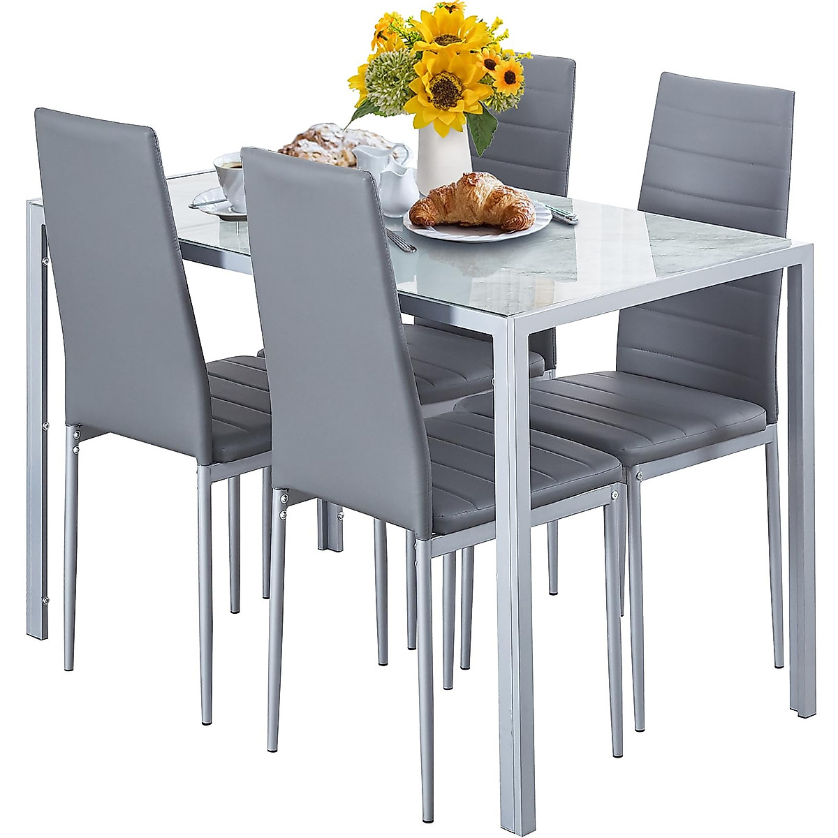 Paonne 5-Pieces Marble Effect Dining Room Set for 4, Contemporary Kitchen Table and Upholstered Chairs Set for Kitchen/Dinette/Restaurant/Apartment and Small Space