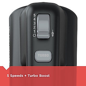 BLACK+DECKER 5-Speed Hand Mixer, 250-Watt for mixing batters, doughs, spreads & more, Turbo Boost & Prevent Splatter Function, Black