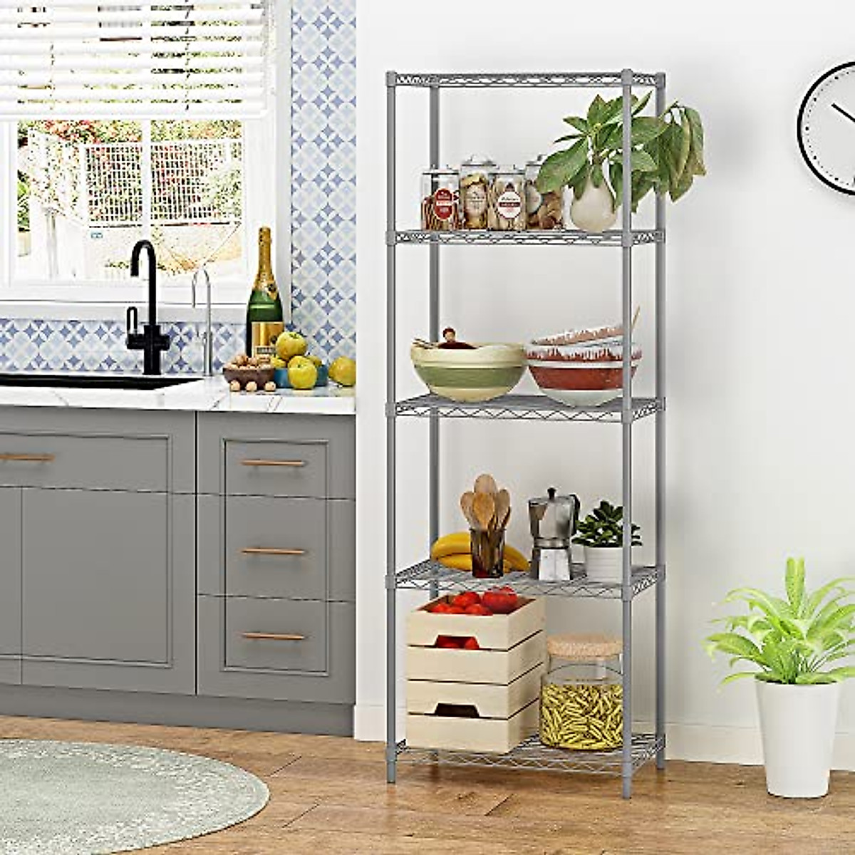 Petiture Storage Shelves, 5 Tier Kitchen Shelving Unit, Wire Shelving Rack, Metal Kitchen Shelves, Pantry Rack for Kitchen, Storage Racks for Pantry, Pantry Organization and Storage Shelving