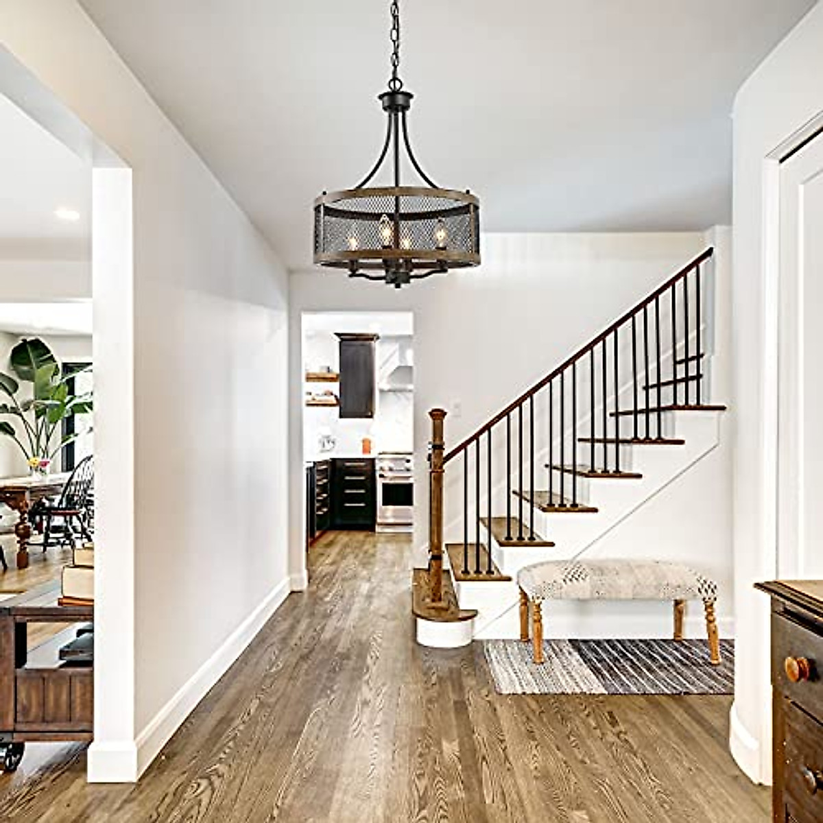 LALUZ Farmhouse Chandelier, Dining Room Light Fixture, Drum Chandeliers, 16” Width, Oil Black & Wood Painted Finish