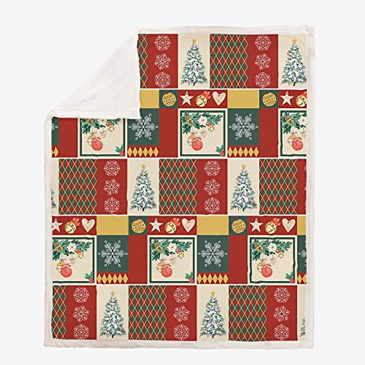 Christmas Red Plaid Throw Blanket, Soft Fluffy Sherpa Fleece Throws for Bed Sofa Xmas Tree Snowflake Print Pattern Blankets Christmas Decoration Gift for Kids Adults 50"x 60"