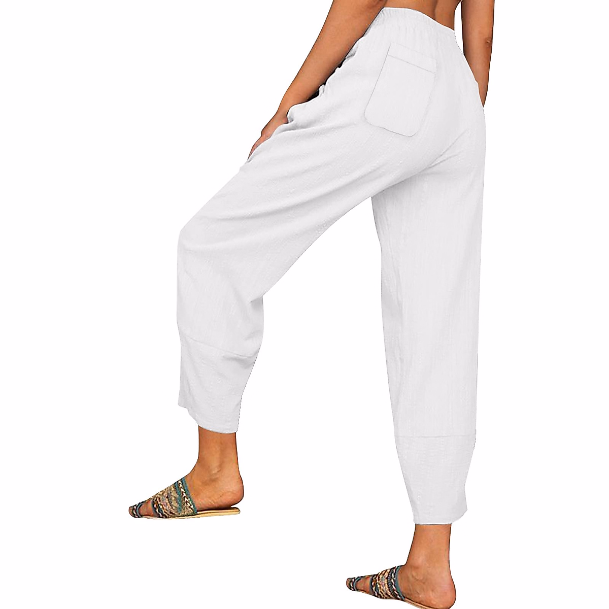 FEDULKSTORE Womens Cotton Linen Wide Leg Pants Summer Casual High Waisted Palazzo Pants Baggy Lounge Beach Trousers(#01 White,Large)
