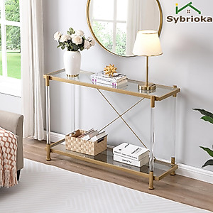 Sybrioka Glass Console Tables for Entryway Living Room, Acrylic Gold Sofa Side Table Metal Leg, Long Narrow Entryway Table with Storage for Small Space Hallway(Golden, Entryway Table)