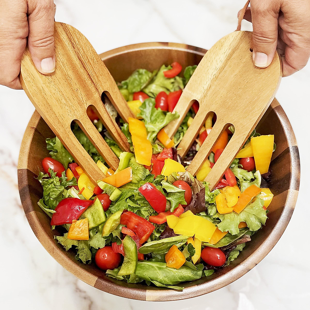 Acacia Wood Salad Serving Bowl 12” with Salad Hands 3 Piece Set by Woodard & Charles