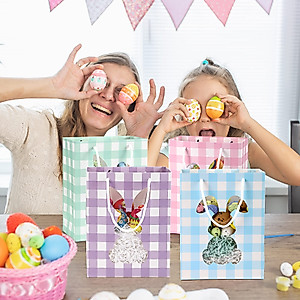 12 Pcs Easter Gift Bags with Handle Rabbit Shape Paper Bags with Window 9x7x4" Bunny Easter Treat Bags Buffalo Plaid Green Blue Purple Pink Goodie Bags Candy Bag for Kids Easter Party Gift Wrapping