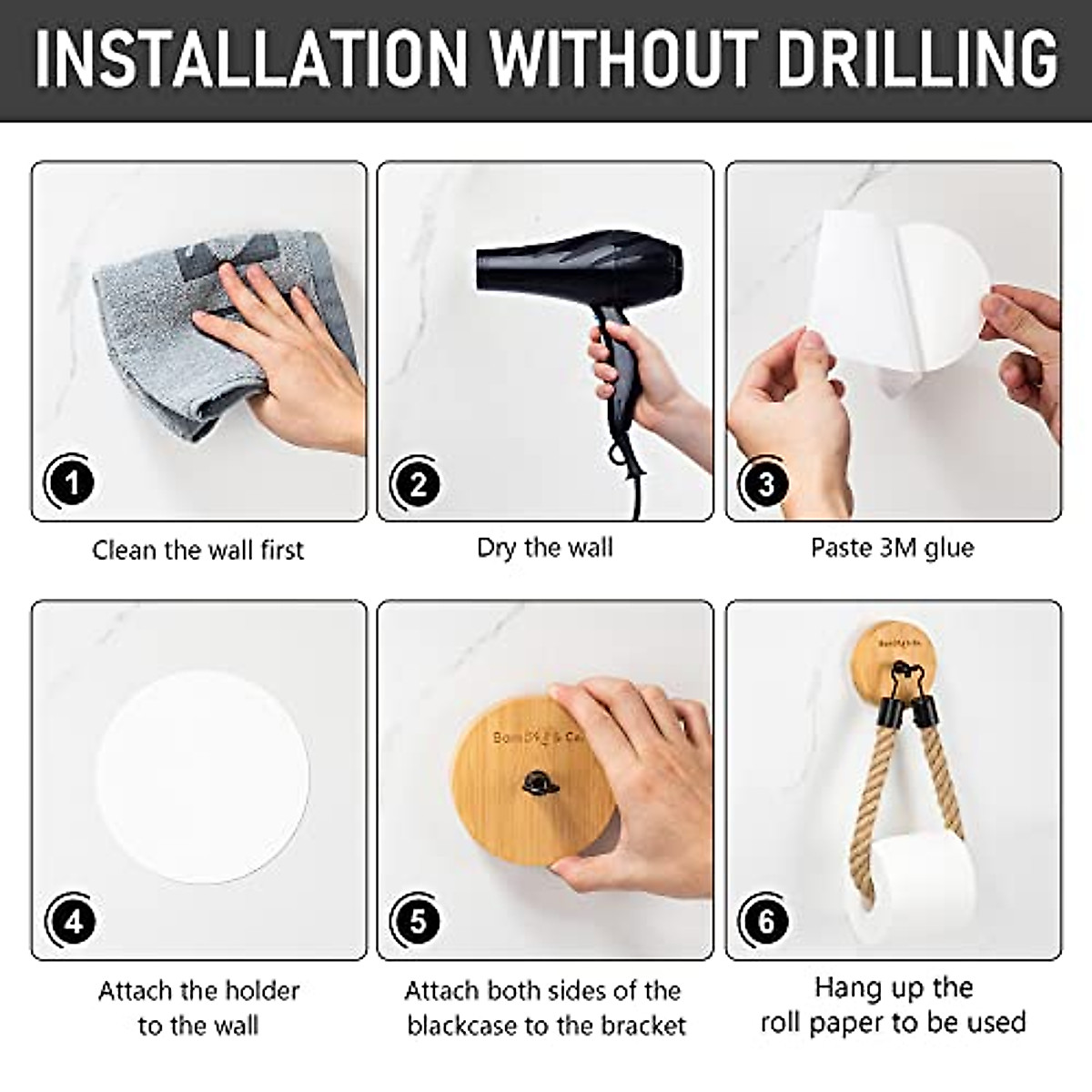 Bambouandco, Bamboo Toilet roll Holder, Without Drilling or with Drilling, Bathroom or Toilet Decoration, Hemp Rope, Handmade.