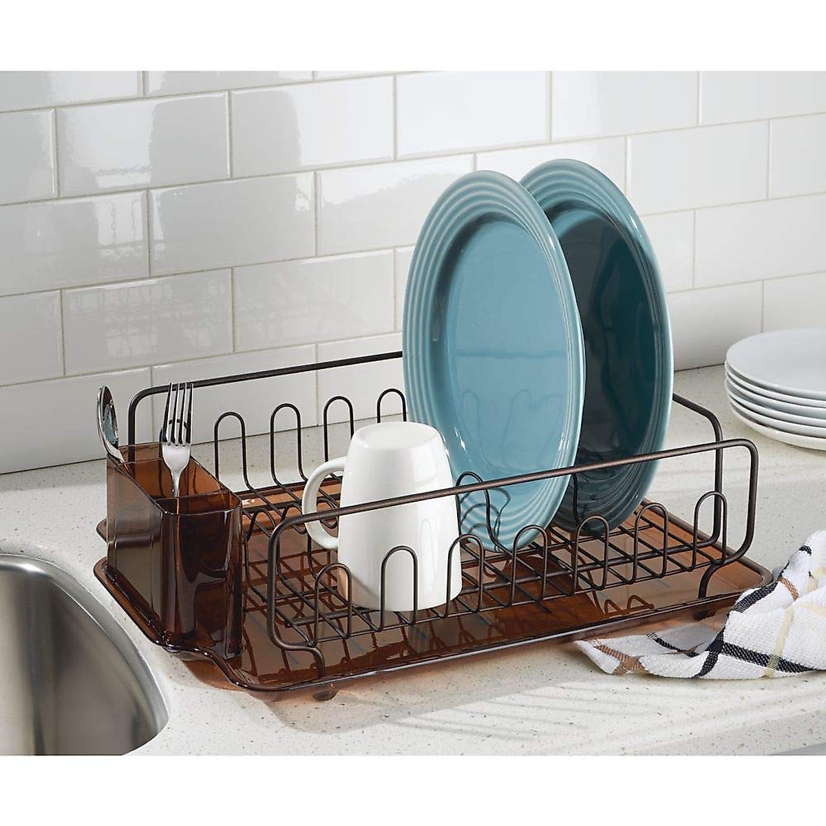 iDesign Forma Lupe Stainless Steel Metal Sink Dish Drainer Plastic Tray Kitchen Drying Rack For Glasses, Silverware, Bowls, Plates, 13.3" x 17.5" x 5.2", Bronze