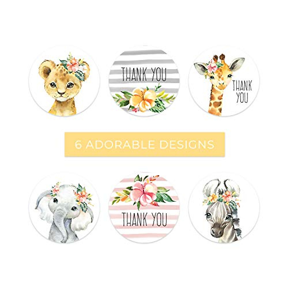 Boho Safari Animal Thank You Stickers / 6 Floral Jungle Animals Designs / 250 Wild Baby Shower Thank You Labels / 1.5" Baby Shower Sticker/Made in The USA