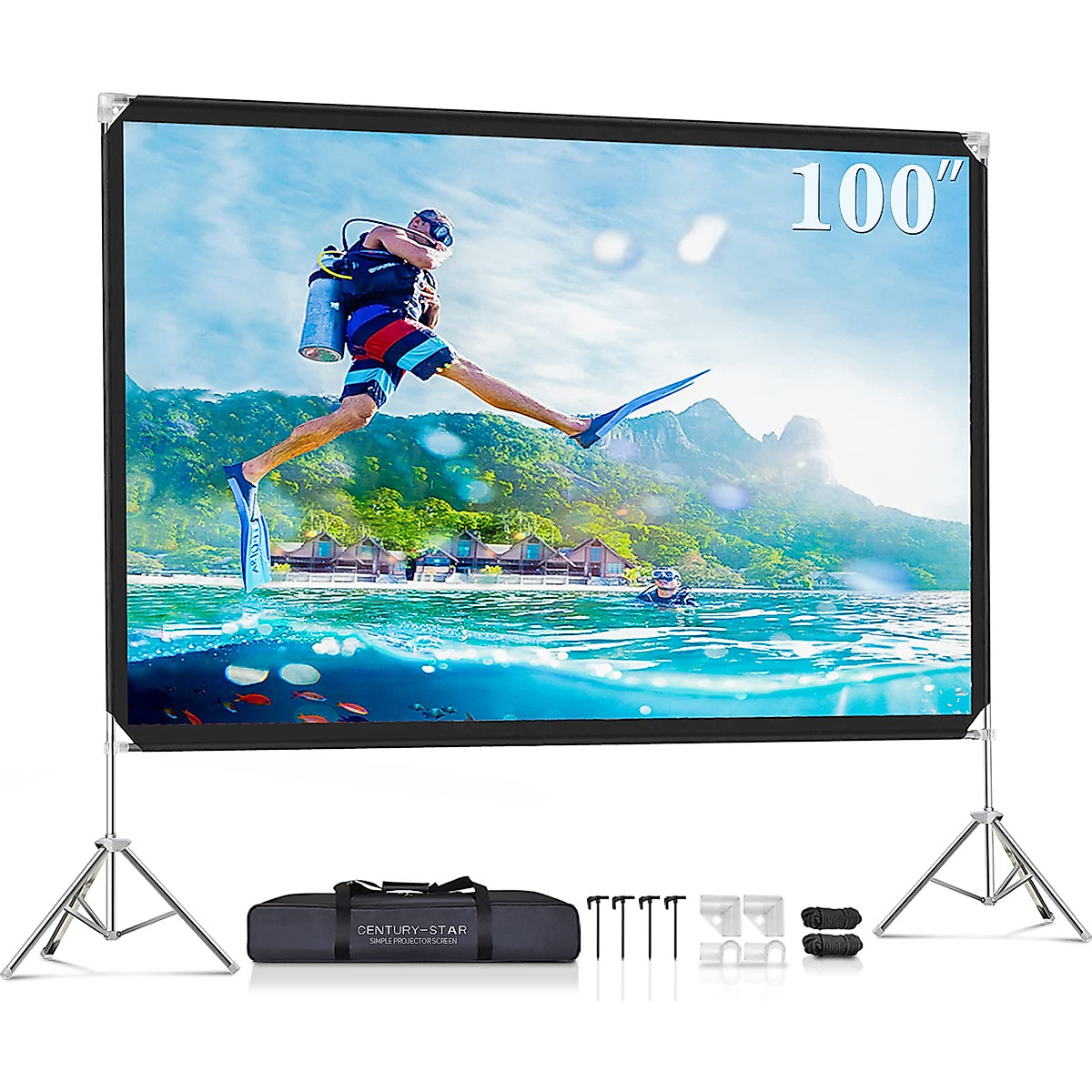 Projector Screen and Stand, 120-inch CENTURY-STAR Outdoor Movie Screen Wrinkle-Free Nylon 16:9 Outdoor Projector Screen, Portable Video Projection Screen with Carrying Bag for Home Theater Backyard