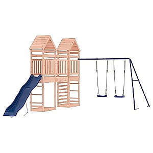 GOLINPEILO Outdoor Playset Solid Wood Douglas,Garden Play Set with 1 Play Towers with Bridge,1 Wave Slide,1 Double Swing Set,Modern Outdoor Backyard Children's Climbing Wood Playground Playset,-4595