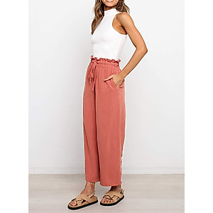 Dokotoo Womens Ladies Casual Loose Linen Blend Straight Leg Drawstring Tie Elastic High Waisted Work Solid Wide Legs Pants for Women with Pockets Orange XL