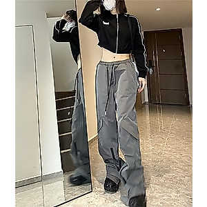 Zempertoopa Cargo Pants Women Low Waist Y2k Wide Leg Parachute Pants Casual Baggy Combat Military Trousers with Pockets Streetwear (C-Gray Elastic Waist, XL)