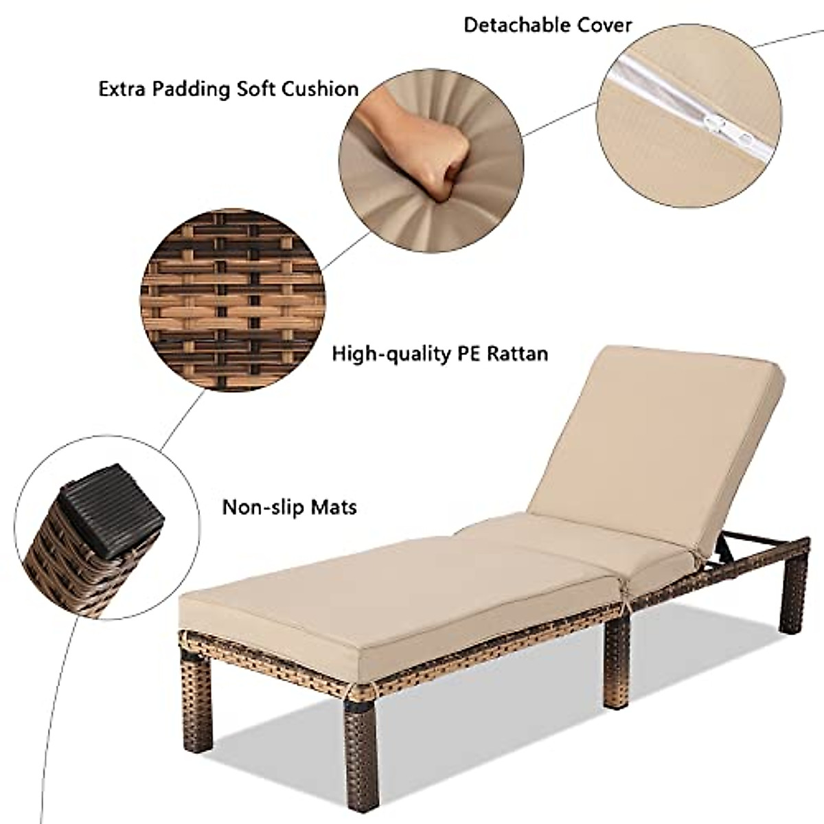 Haverchair Patio Rattan Chaise Lounge Chairs Adjustable Outdoor Lounge Chair Recliner PE Wicker Furniture with Cushion for Deck, Poolside, Backyard (2)