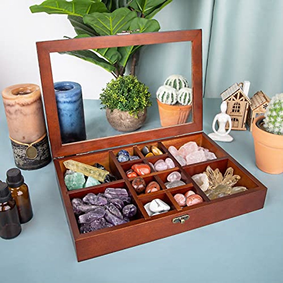Mooncraftlogy Adjustable Rock Display Case, Rock Collection Box with Shelves, Pine Wood Crystal Organizer for Stones Storage,Gem Holder with Lid for Seashell, Jewelry, Collectibles (Brown)