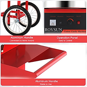 ROVSUN 21 Inch Cotton Candy Machine Cart, Electric Cotton Candy Maker Candy Floss Machine w/Cover, Stainless Steel Bowl, Sugar Scoop and Large Storage Drawer for Commercial Home Party Carnival, Red
