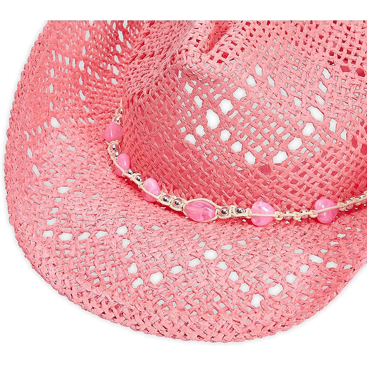 Zodaca Pink Cowboy Hat for Women - Pink Straw Beach Hat, Cute Cowgirl Hat with Beaded Heart Trim and Braided Chain (Adult Size)
