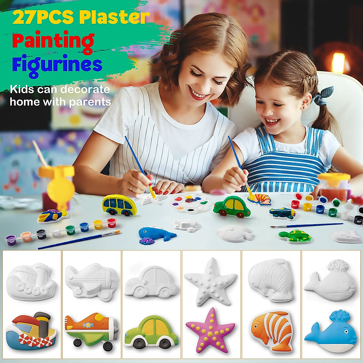 Tigerhu Arts and Crafts for Kids,27 Painting Figurines, 2 x 8 Colors of Paint, 4 Pens Paint Brush, 1 Palette, 2 Magnets and 27 Stickers, Painting Kit DIY Toys Kids Gifts for Ages 4, 5, 6, 7, 8