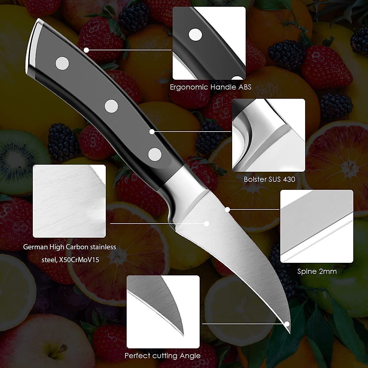 Paring knives, 2.5 cm beak beak fruit knife, vegetable knife made of German stainless steel, extremely hard sharp blade, hand-polished, ergonomic ABS handle