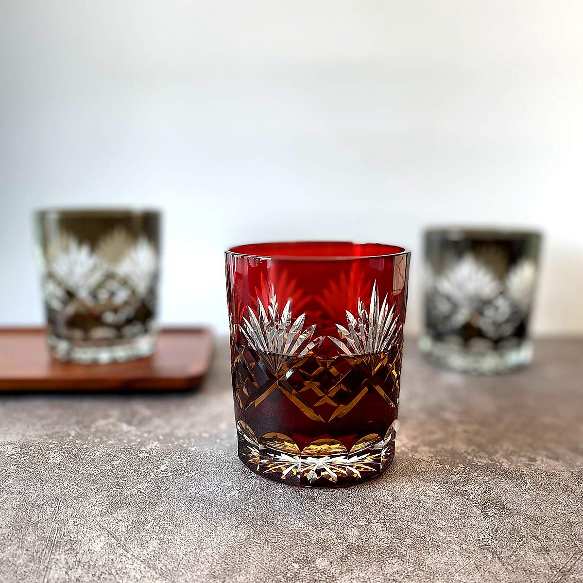 PLEASANT BREEZE Ruby Red Fancy Hand Cutting Wine Glass, Gift Boxed 10 Oz Handmade Old Fashioned Glass