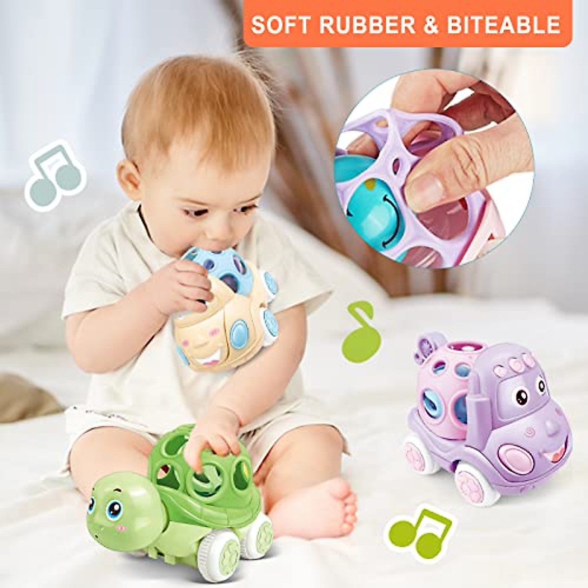 Tepear Baby Girl Rattle Roll Car Push Vehicles Soft Rubber Toy 6 12 Months Infant Boys Walker Toddler, 3pcs Fiction Power Truck Learning Gift for 1 2 3 Year Old Kid