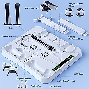 Hastraith Stand for PSVR 2 & PS5 Console, [5 in 1] Stand with Cooling Fan, Dual Controller Magnetic Charging Port for PSVR 2 & PS5, Charging Indicator Light, Storage Stand Perfect for PSVR 2 & PS5