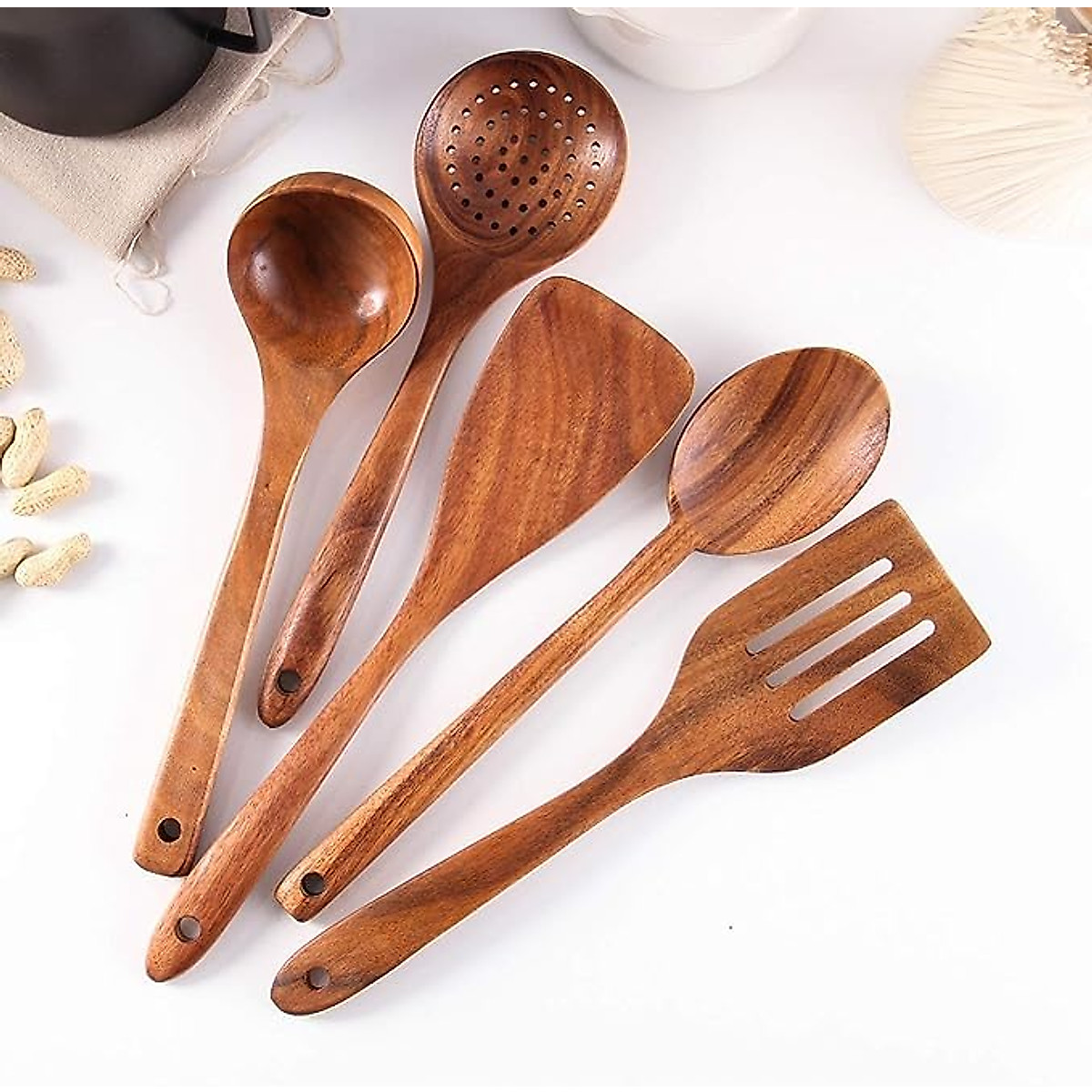 Wooden Spoons for Cooking, Cooking Utensils Set of 6 Natural Wooden Cooking Spatulas with Utensils Holder Comfort Grip Wooden Kitchen Utensils for Nonstick Cookware
