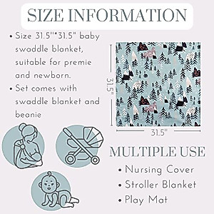 Bellasignoro Newborn Receiving Blanket Swaddle Blanket Hat Set for Baby Snug Wrap (Mountain&Tree)