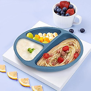 E-PRONSE Suction Plates for Baby Toddler Plates, 100% Food-Grade Silicone Divided Baby Plates, Baby Sunction Plate with Lid BPA Free,Microwave & Dishwasher Safe Blue +Tan