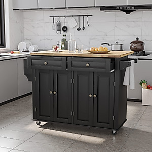 Squireewo Kitchen Cart with Wood Top and Drop Leaf Breakfast Bar, Rolling Mobile Kitchen Island Table on Wheels with Drawer and Storage Cabinet, Spice Rack, Towel Rack, Black