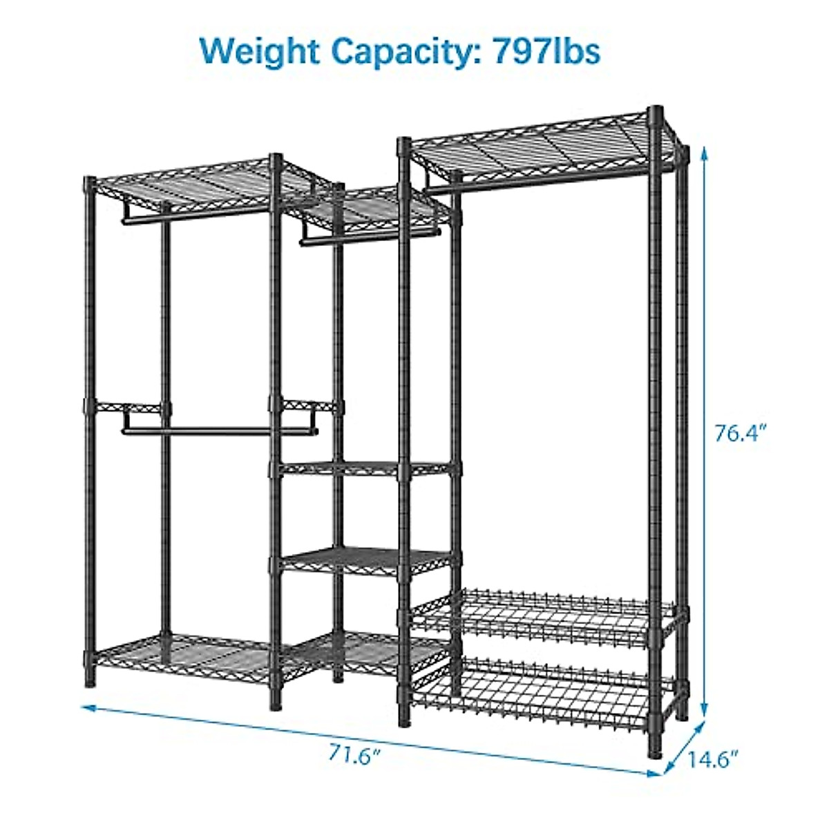 VIPEK V8i Basic Wire Garment Rack Heavy Duty Clothes Rack with Adjustable Shelves & Shoes Racks, Freestanding Wardrobe Closet for Bedroom, Metal Clothing Rack for Hanging Clothes, Black